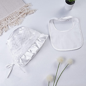 Booulfi Baptism Bib White Bibs for Baby Girl, Infant Toddler Feeding Bibs and Hat Set with Lace Satin Ribbon