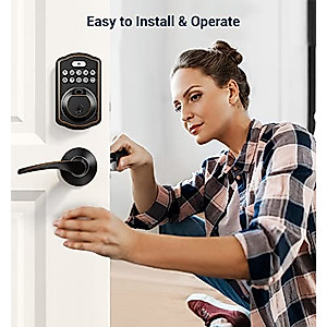 Veise Fingerprint Door Lock with 2 Lever Handles - Keyless Entry Door Lock, Electronic Keypad Deadbolt & Front Door Lock Handle Sets, Auto Lock & 1 Touch Locking, Easy Installation, Oil Rubbed Bronze