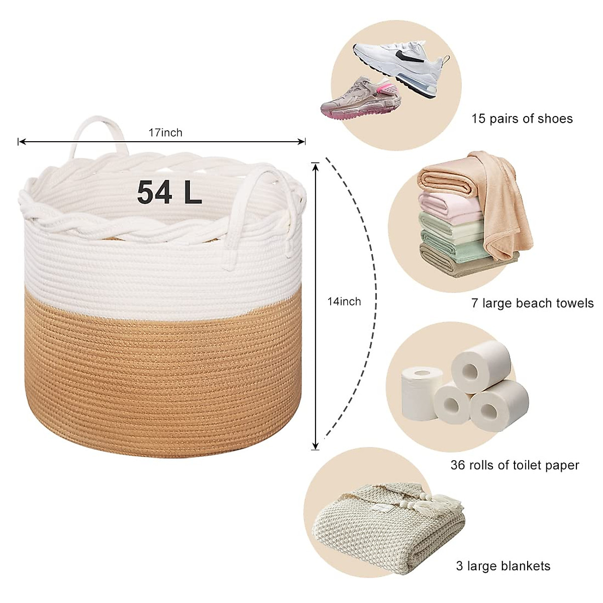 Eternal Beauty Cotton Rope Basket 17”W X14”H Large Woven Storage Basket for Blanket Living Room, Decorative Toy Baby Basket for Kids Nursery,Brown