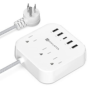 Power Strip, 3 Outlets, 4 USB Charging Ports, 1 USB-C Port, 5Ft Braided Extension Cord. Wall or Desk. Home Office Travel