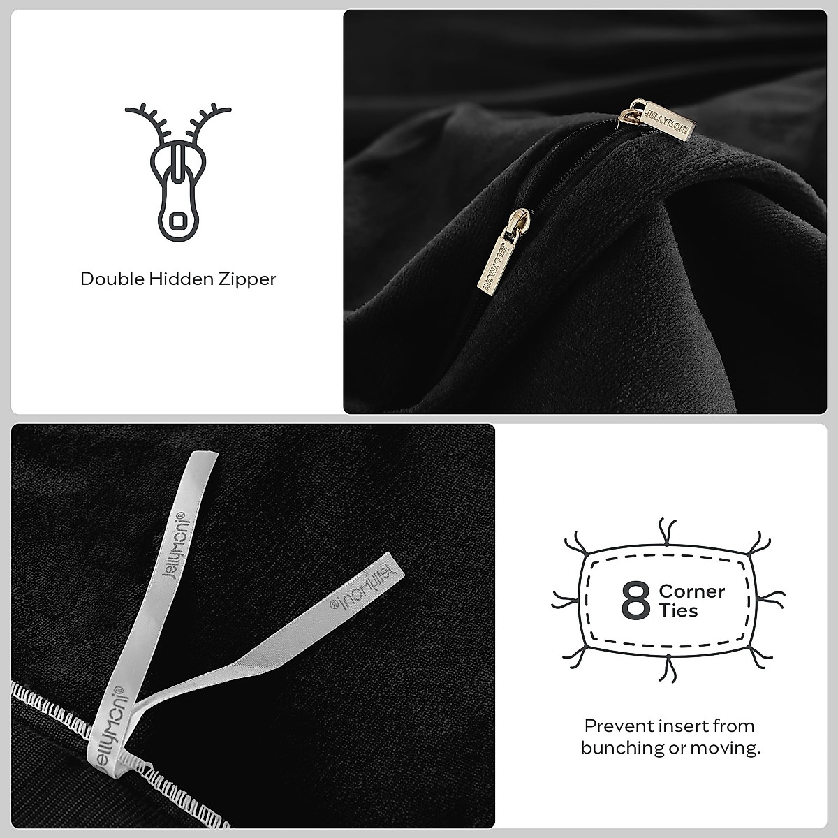 JELLYMONI Black Velvet Duvet Cover Queen Size - Ultra Soft Flannel Comforter Cover, 3-Piece Luxury Fluffly Duvet Cover with 8 Corner Ties & Zipper Closure