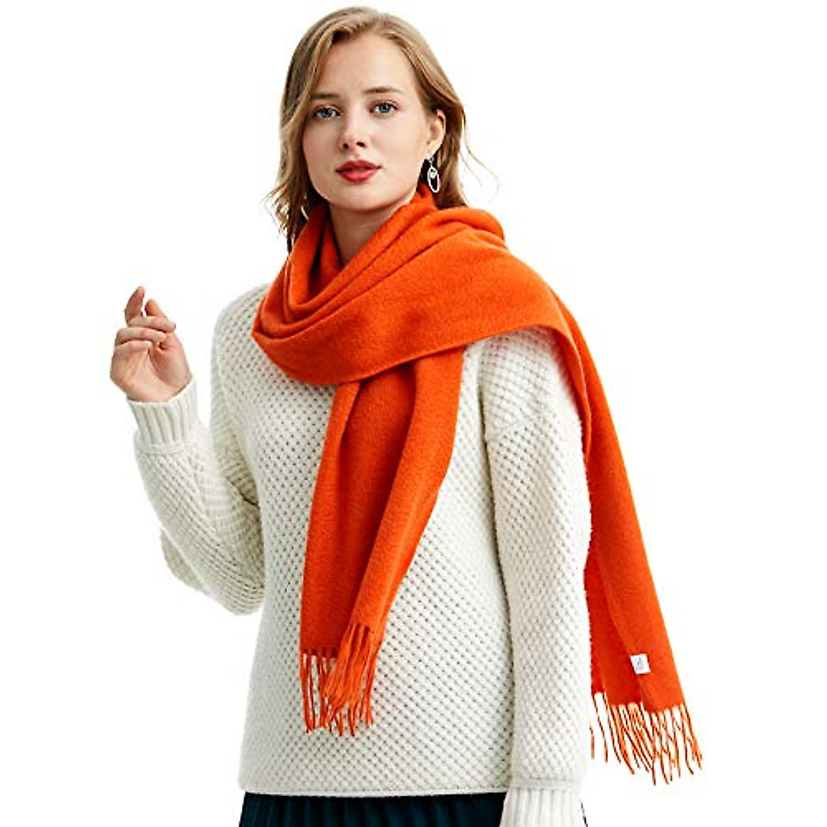Cashmere Scarf of Pure Cashmere, Quality Finishing, Gorgeous & Natural, Long Size 70.9x11.9 in, K0102 (Orange)