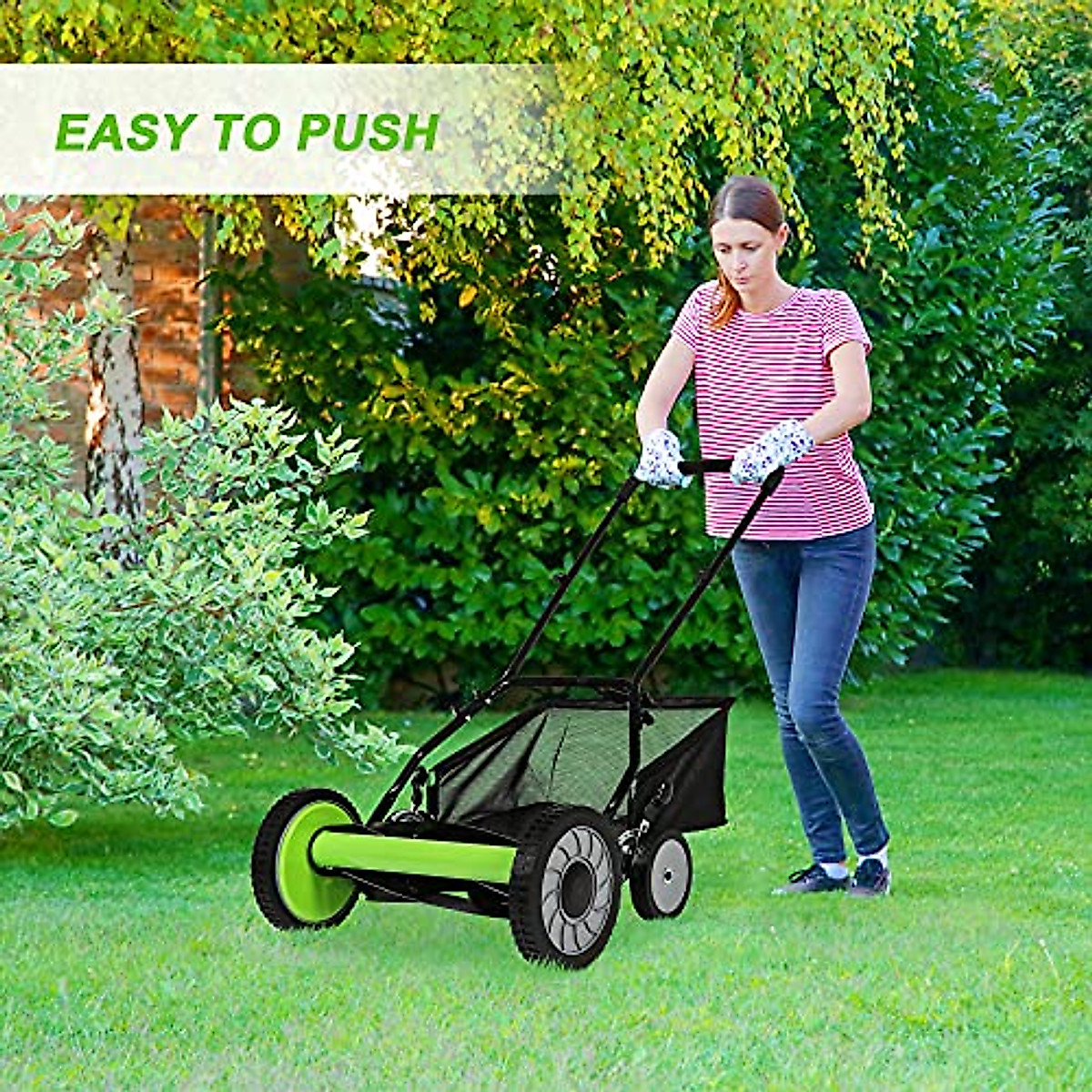 16-Inch 5-Blade Cordless Manual Reel Lawn Mower, Adjustable Cutting/Handle Height Grass Cutter with Grass Catcher, Green