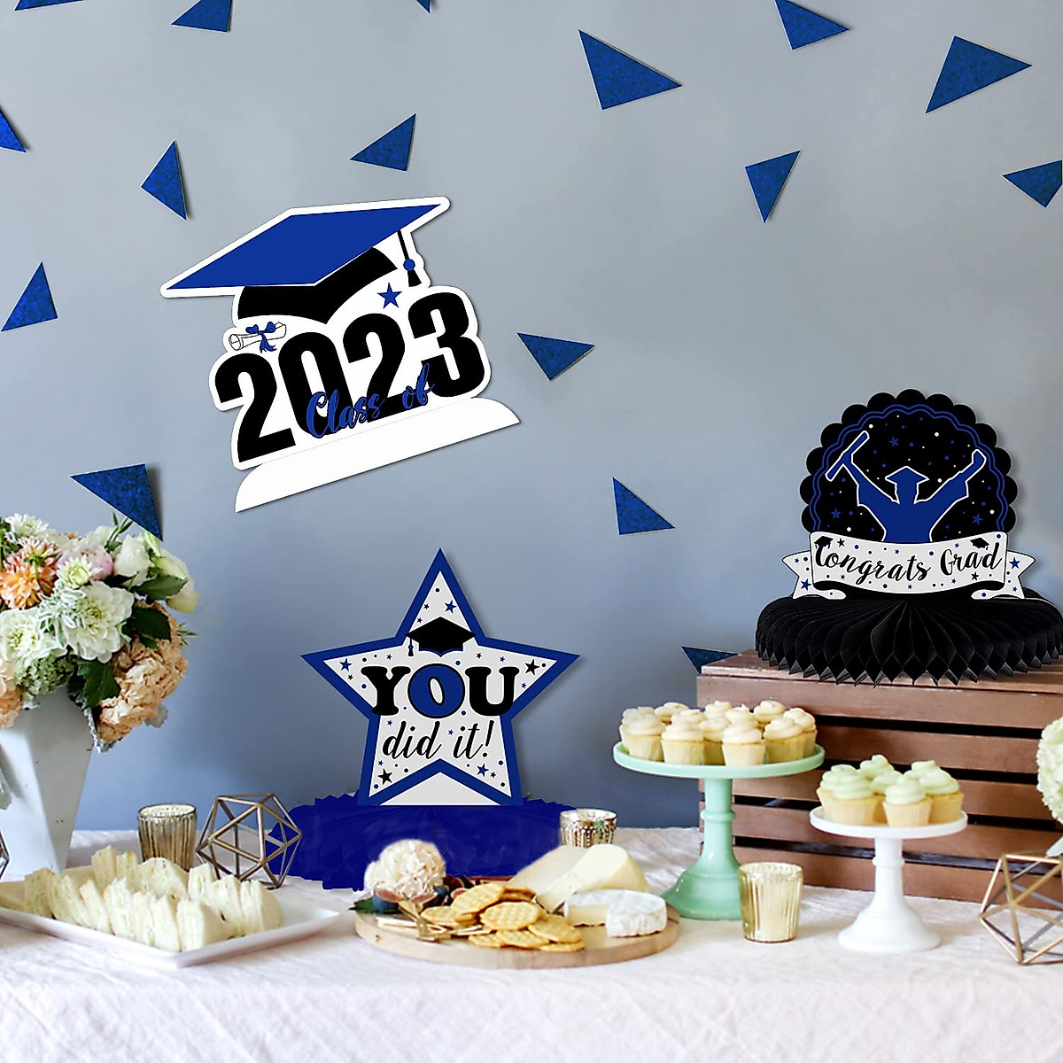 LINGTEER Congrats Grad,Class of 2023 Graduation Table Honeycomb Centerpieces - 8 pcs 2023 Graduation Party Decorations Sign - Blue.