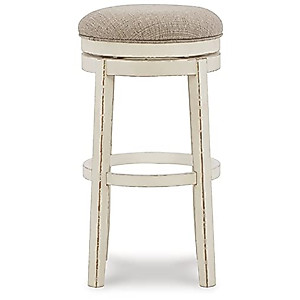 Signature Design by Ashley Realyn French Country Upholstered Swivel Bar Height Bar Stool with Foam Cushioned Seat, White & Beige