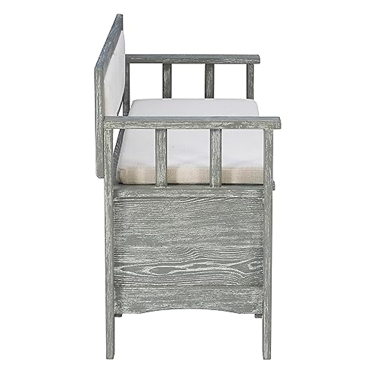 Linon Weathered Grey Carlton Storage Bench with Beige Upholstered Back and Cushioned Seat
