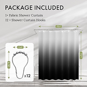 AmazerBath Fabric Shower Curtain Set, Ombre Black Shower Curtain with 12 Shower Curtain Hooks, Rustic Cloth Black and White Shower Curtain, Cute Washable Bathroom Shower Curtain Sets, 72x72 Inches