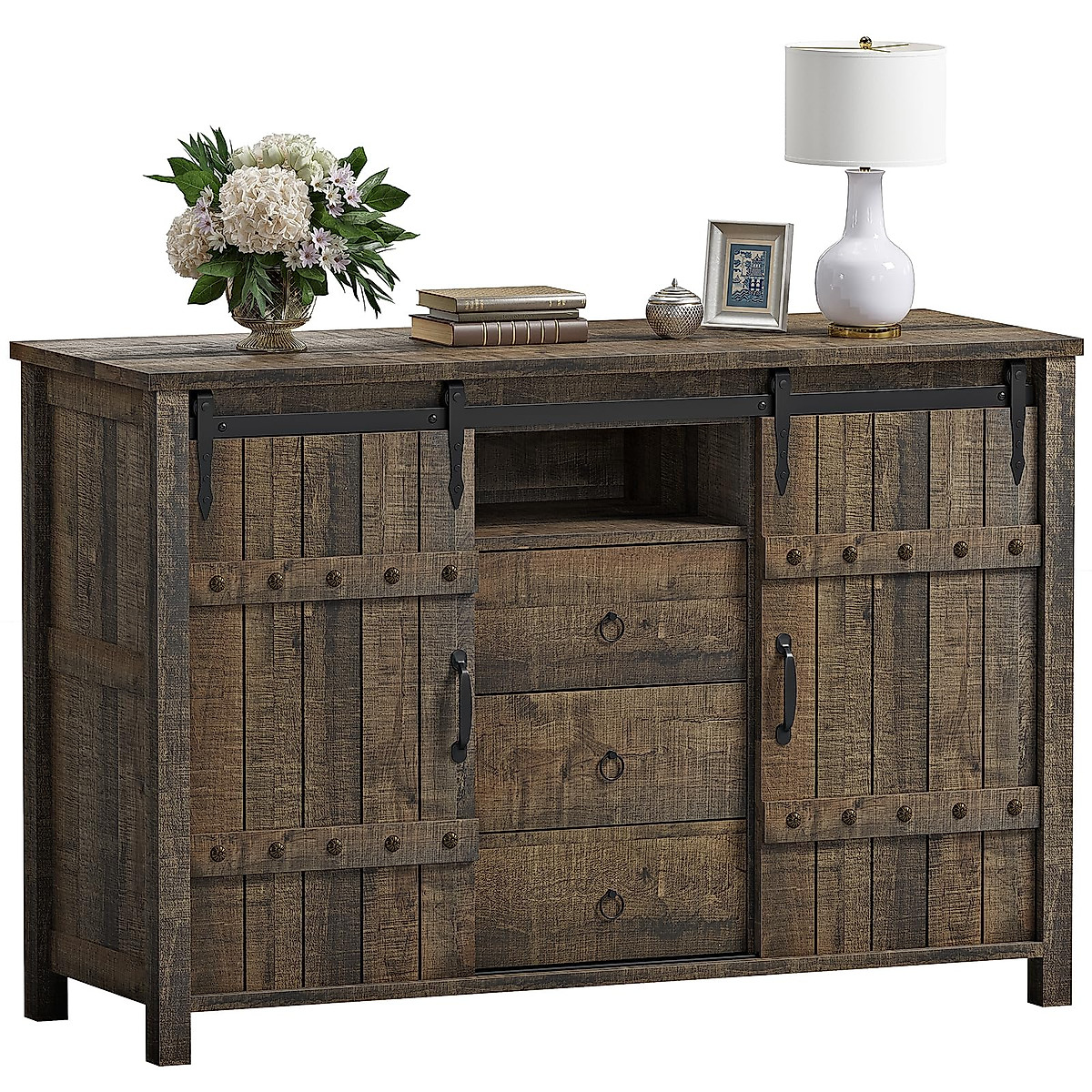 REAHOME Buffet Cabinet with Storage, 48" Sideboard Buffet Cabinet with Sliding Barn Doors & 3 Drawers, Farmhouse Wood Coffee Bar Cabinet Buffet Table for Kitchen, Dining Room, Rustic Brown