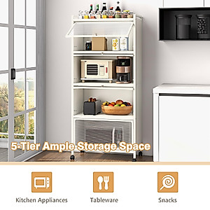 Giantex 5-Tier Kitchen Storage Cabinet, Mobile Microwave Stand with Flip-up PC Doors, Freestanding Kitchen Bakers Rack with 4 Rolling Casters, for Dining Room, Living Room and Study (White)