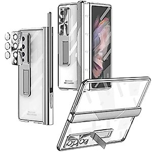 EAXER for Samsung Galaxy Z Fold 3 Case, Full Coverage Protection Plating Hinge Stand with S-Pen Anti-Drop Case Cover (Silver)