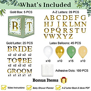 101 PC Greenery Bridal Shower Decorations Balloon Boxes Gold- Blocks with BRIDE TO BE + GROOM + A - Z Letters and 40 Balloons- Engagement Bachelorette Parties Weddings Centerpieces Photo Booth Props