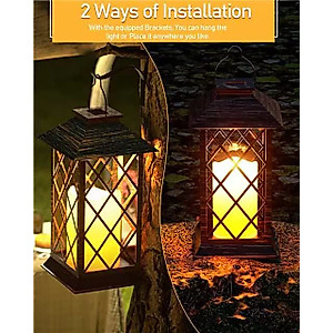 Fuairmee Solar Lanterns Outdoor Waterproof, Set of 2 Hanging Lantern with Brackets, 14 inch LED Flickering Flameless Candle Lights, Outdoor Lanterns for Front Porch Pathway Courtyard Party Patio