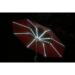 Sun-Ray 811028 9' Round Next Gen 8-Rib Solar Patio Umbrella 32 LED Within Unique Strip Lighting, Crank and Tilt, 9 ft, Scarlet/Red