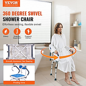 VEVOR Swivel Shower Chair 360 Degree, Adjustable Shower Seat with Pivoting Arms for Inside Showers or Tubs, Non-Slip Rotating Bathtub Shower Chair for Elderly Disabled Injured, 400LBS Capacity