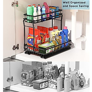 GMFINE 2 Pack Under Sink Organizer and Storage, 2 Tier Slide Out Undersink Cabinet Organizer Storage Organization with Hooks for Under Kitchen Bathroom Sink Storage Cleaning Supplies, Black