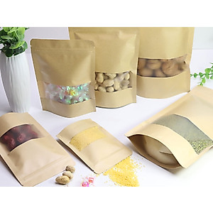 PQZKLDP 100pcs Assorted-Size Kraft Paper Bags with Matte Windows Reusable Smell Stand Up Pouches Bakery BagsFood Candy Coffee Tea Spice Sample Storage Sealable Bags for Small Business Packaging
