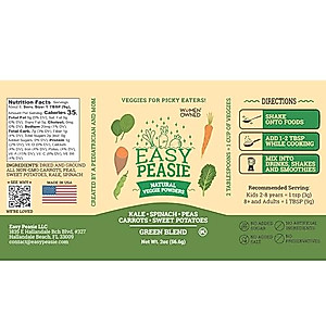 Easy Peasie Organic Veggie Powder Blends for Kids and Picky Eaters | Kids Greens Powder | Green Blend 2oz Jar