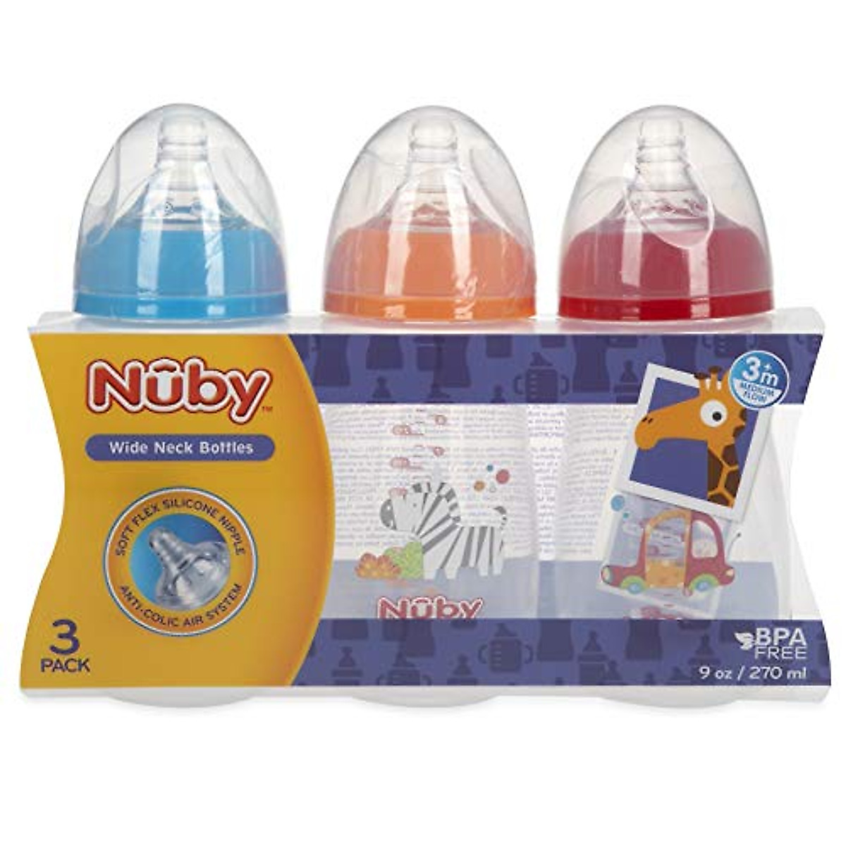 Nuby Tritan Wide Neck Non-Drip Bottles with Anti-Colic Air System: 9oz./ 270 Ml, 3 Pack, 3M+, Multi