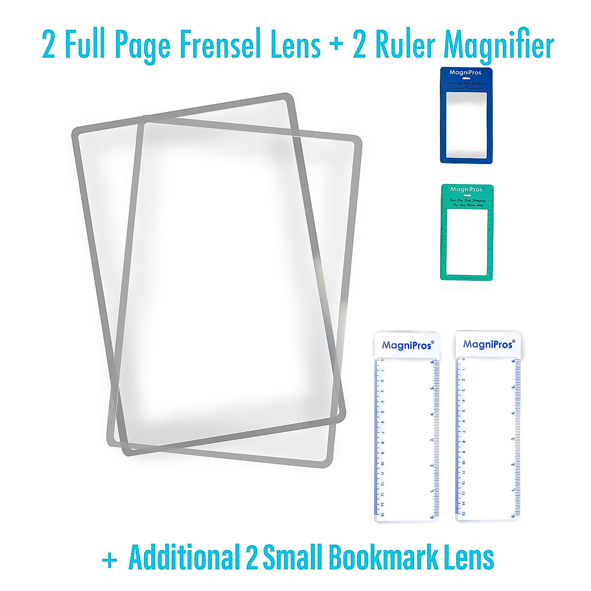 MagniPros(2PACK) Large Full Page 3X Premium Magnifying Sheet Fresnel Lens 7.5" X 10.5"+2 Bonus Ruler Magnifiers+2 Bookmark Lenses-Best Magnifying Set for Reading Small Prints & Low Vision Seniors