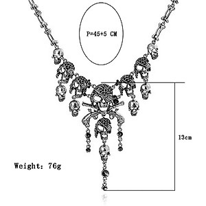 FLD Halloween Women's Antique Silver Multi layered Pirate Skull Tassel Charm Necklace Collar and Fashion Jewelry Skull Bracelet Collar Women's Terror Necklace