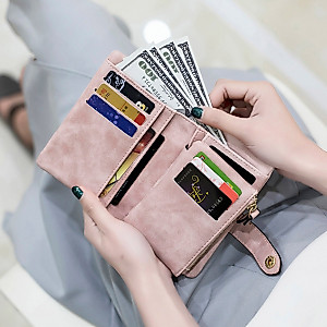 TOPKULL Bifold Small Rfid Soft Leather Ladies Trifold Wallets Billfolds Mini Wristlet Clutch Cute Zipper Coin Purse with Wrist Strap (Pink)