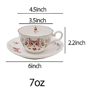 123Arts Ceramic Cat and Flower Coffee Mug Teacup Set with Saucer