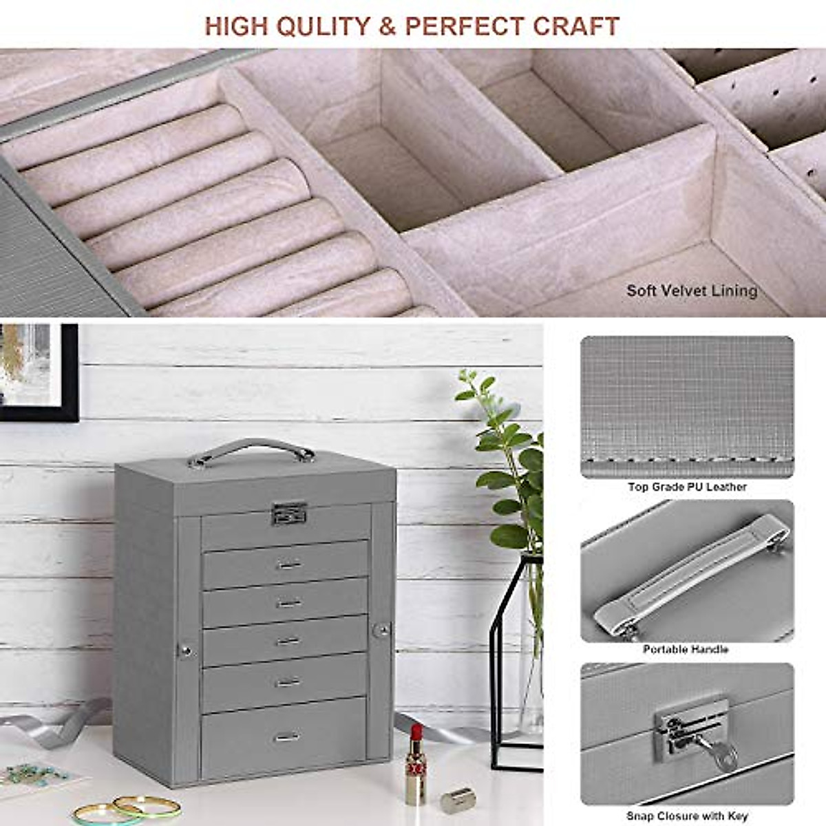 ANWBROAD Large Jewelry Box 6 Tier Jewelry Organizer Box Display Storage Case Holder with Lock Mirror Girls Jewelry Box for Earrings Rings Necklaces Bracelets Gift Faux Leather UJJB004H