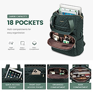 LOVEVOOK Laptop Backpack for Women 17 inch,Diamond Quilted Convertible Backpack Tote Laptop Computer Work Bag,Womens Travel Backpack Purse College Teacher Carry on Back pack with USB Port,Dark Green