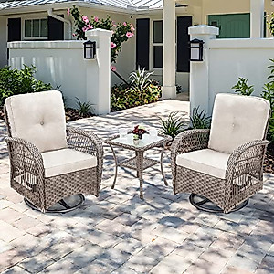 Joyside Patio Bistro Set, 3-Piece Patio Wicker Swivel Rocking Chair Set, Outdoor Patio Furniture Chair with Side Coffee Table & Durable Fabric Cushion(Brown/Beige)