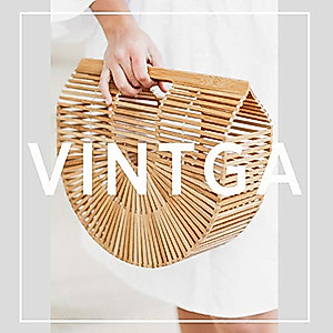Vintga Bamboo Bags for Women Summer Straw Wooden Beach Purses Basket Handle Handbags (Small)