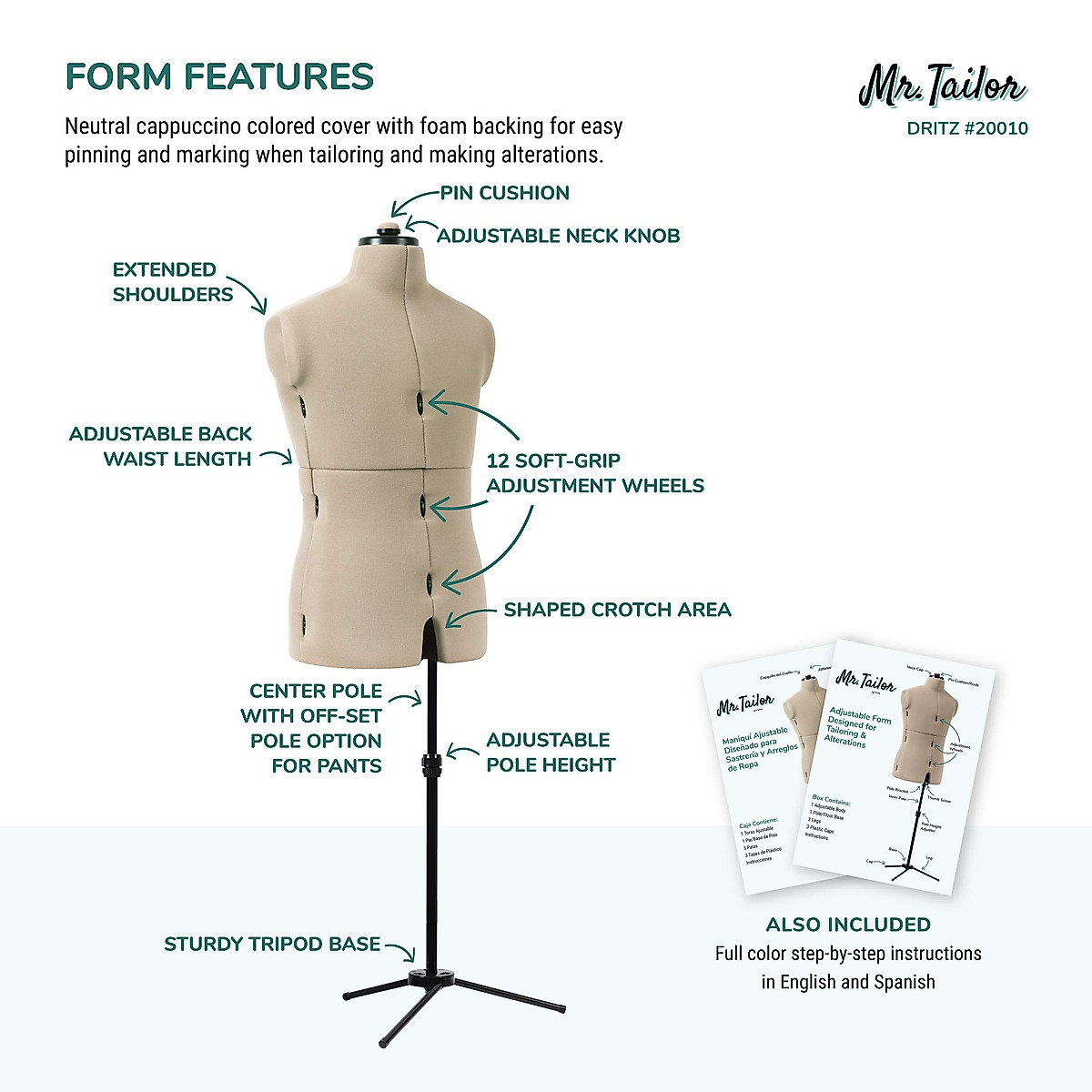 Dritz Mr. Tailor Adjustable Dress Form, Male, Black