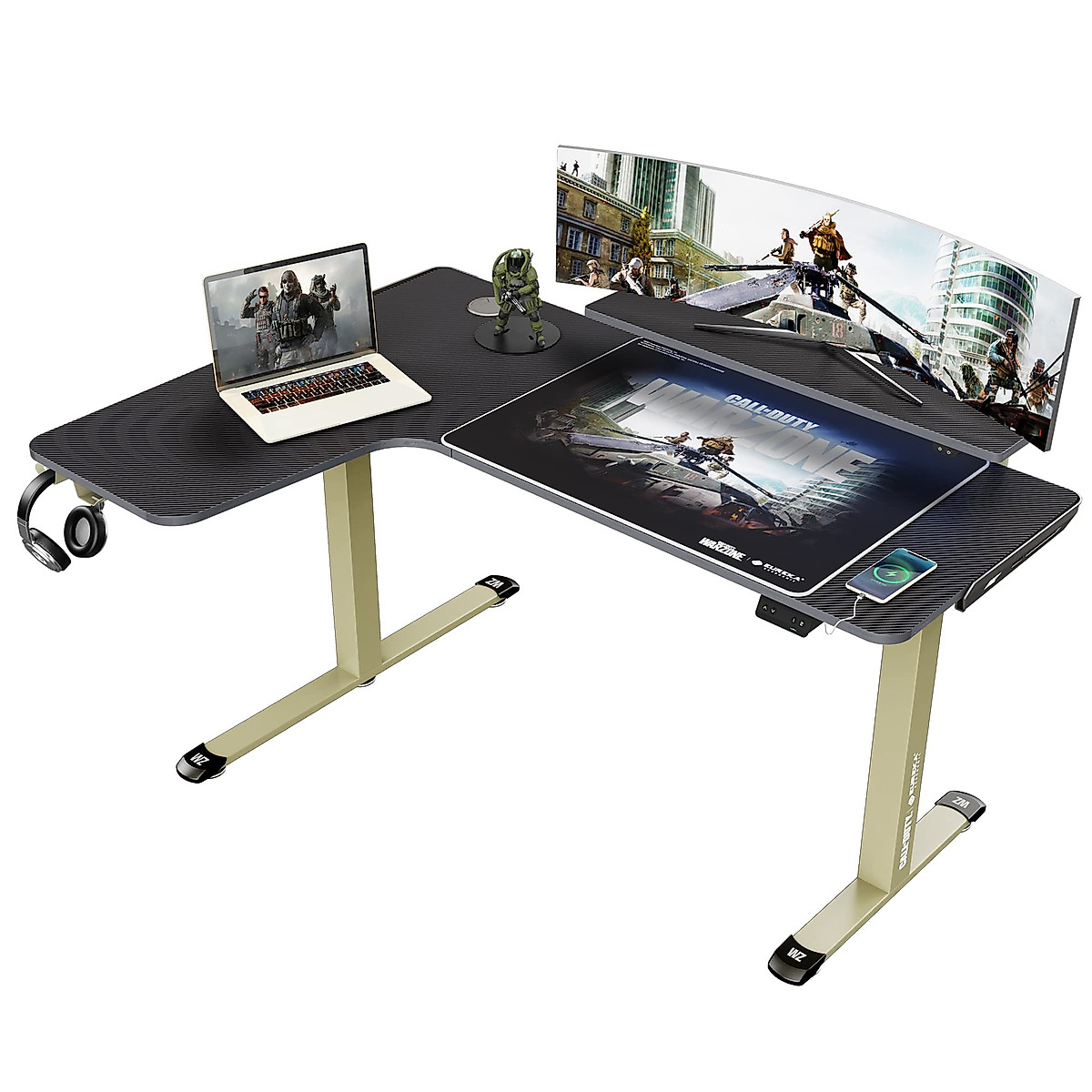 L Shaped Electric Height Adjustable Standing Desk Keyboard Tray,61" Stand Up Corner Computer Desk,Dual Motor Sit Stand Home Office Desk with Monitor Riser Memory Preset Mouse Pad RGB Lights