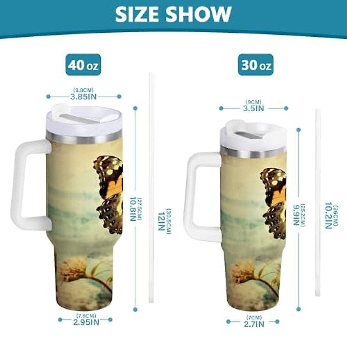 Jihqo Old Grungy Butterfly 40 oz Stainless Steel Vacuum Insulated Tumbler with Handle and Straw Lid, Leakproof Water Bottle Double Wall Travel Mug Coffee Cup, Cupholder Friendly