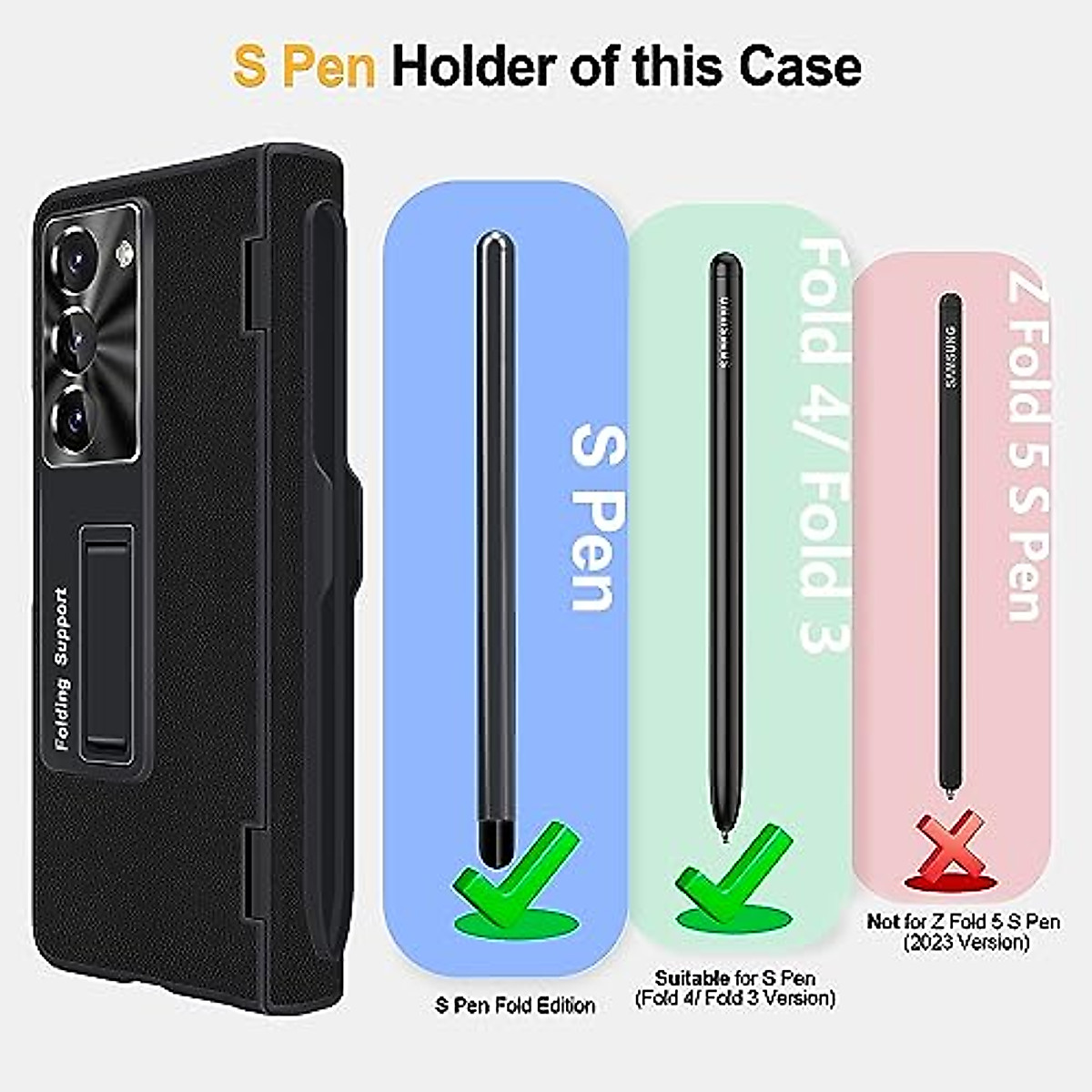 Fingic for Samsung Galaxy Z Fold 5 Case [with S Pen & Built in Screen Protector & S Pen Holder ] Kickstand Hinge Protection Military Grade Drop Tested 360° Full Body Protective Phone Case,7.6"(Black)