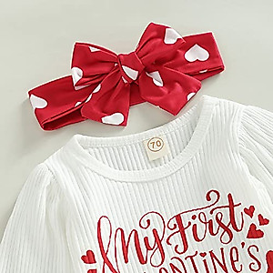 Toddler Baby Girls First Valentine's Day Outfits Long Sleeve Romper + Heart Print Bell Bottoms + Headband Sets (First Valentine Day & White1, 0-3 Months)