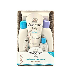 Aveeno Baby Welcome Little One Gift Basket, Baby Skincare Set with Baby Body Wash & Shampoo, Calming Bath Wash, All Over Baby Wipes, & Daily Moisturizing Lotion, 5 Items