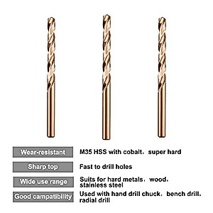 1/4" M35 Cobalt HSS Jobber Length Twist Drill Bit with Straight Shank,Heavy Duty, Pack of 10 PCS, Drilling for Cast Iron, Heat-Treated Steel, Stainless Steel and Other Hard Materials