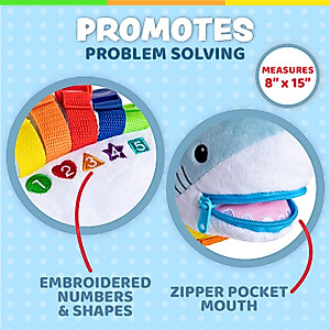 Buckle Toys - Bruce Shark Stuffed Animal - Montessori Learning Activity Travel Toy for Toddlers - Develop Motor Skills and Problem Solving