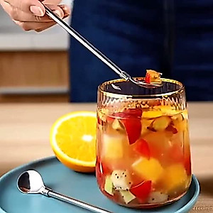 ERCRYSTO Reusable Stainless Steel Long Handle Straws Spoon, 6 Pieces 8.6", with 1 Cleaning Brush (circular)