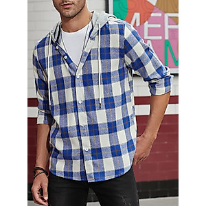 JMIERR Mens Flannel Hoodie Plaid Shirt Jackets Casual Button Down Long Sleeve Lightweight Shirts,US 46 (XL),0Sky Blue