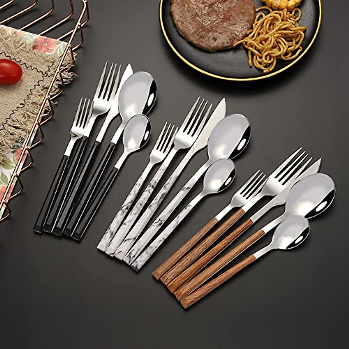 Kitchen Utensils Set, 5 Pcs Tableware Cutlery Set Stainless Steel Restaurant Dishwasher Dinner Knives Forks Spoons Eating Utensils High Hardness Flatware Set (Black Handle)