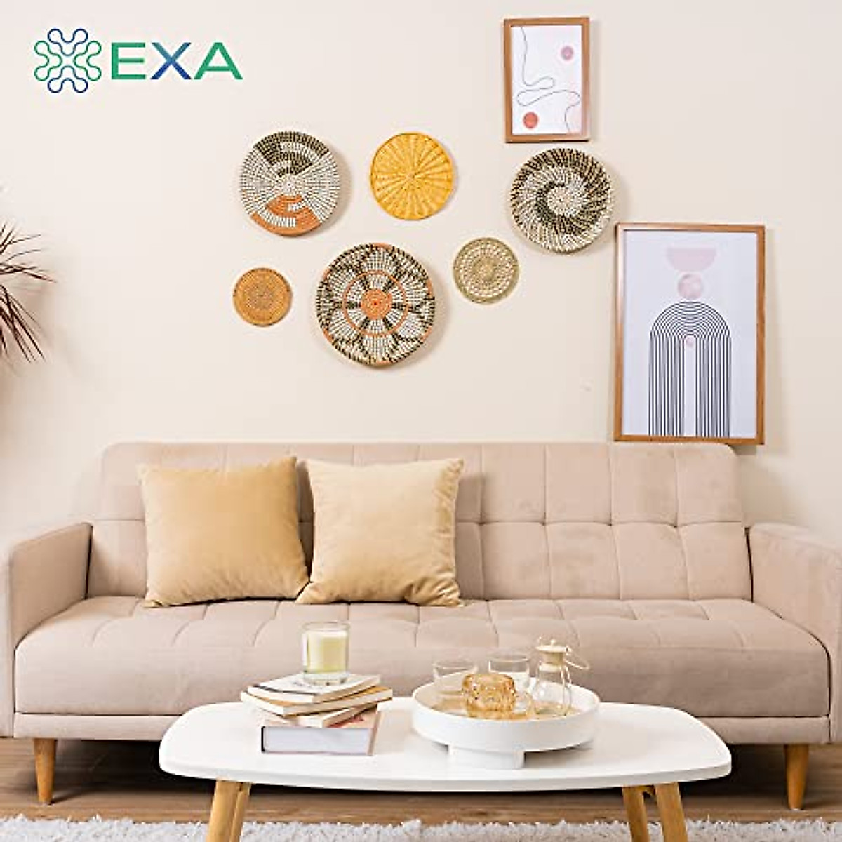 EXA Set of 6 Woven Wall Basket Orange Blossom Decor - Boho Farmhouse Rustic Room Style - for Thanksgiving Christmas Hanging Wall Art, Gift Idea, Table Settings - Handmade, Round, Natural Seagrass