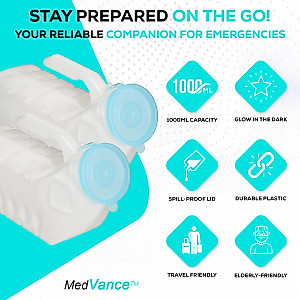 MedVance- Urinals for Men 1000ml with Glow in The Dark Spill Proof Pop Cap Lid, Plastic Pee Bottles for Men, Male Urinals, Pee Container Men, Portable Urinal for Car, Elderly & Incontinence (2 Pack)