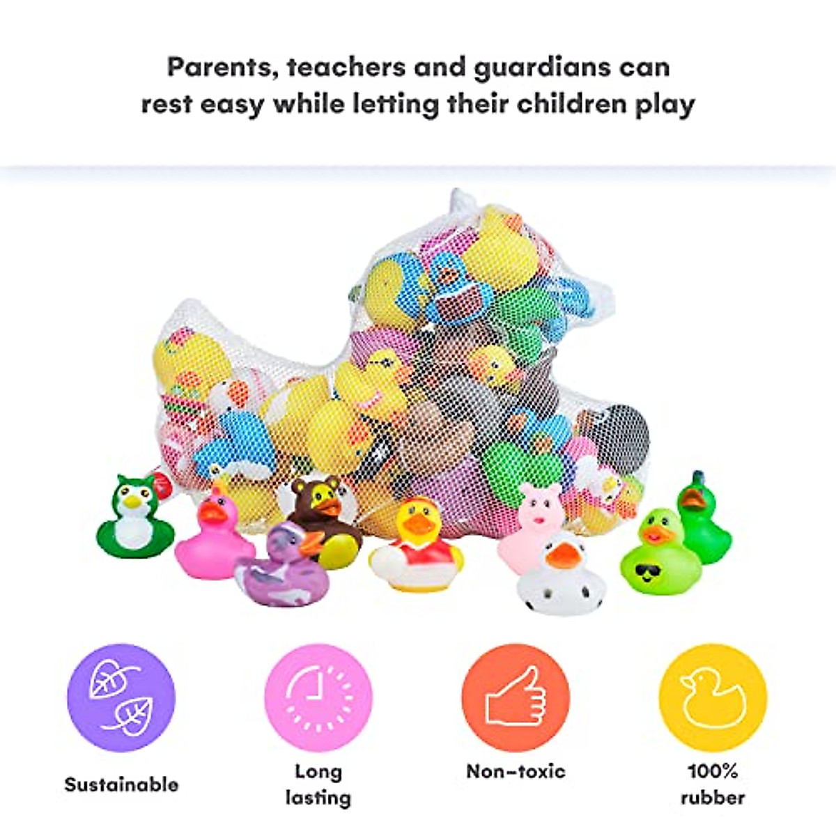 Kicko Assorted Rubber Ducks with Mesh Bag - 50 Ducklings, 2 Inch – Jeep Ducks for Kids, Baby Bath Toys, Sensory Play, Stress Relief, Novelty, Stocking Stuffers, Classroom Prizes, Supplies, Holidays