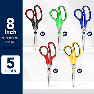 BURVAGY 8” Multipurpose Scissors Bulk Pack of 5, Ultra Sharp School Scissors with Comfort Grip Handle, Sturdy Sharp Scissors for Office Home School Sewing Fabric Craft Supplies, Right / Left Handed