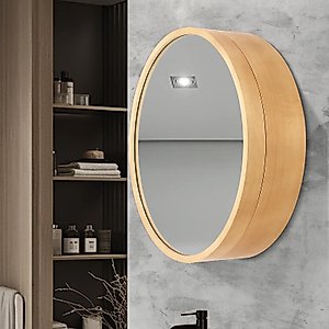 Xuthusman Modern Round Cabinet Mirror, Wall-Mounted Bathroom Wall Storage Cabinet Mirror, Wood and Glass Mirror Cabinet Wall Storage Cabinet Mirror (Log Color)