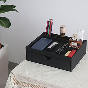 SYRWDXTX Leather Desk Organizer With Drawers, Home Cosmetics Organizer, Phone Remote Organizer, Drawer Plus Divider & Tray (black)