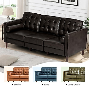 Nansiee 84” Faux Leather Sofa with Tufted Backrest, Upholstered 3-Seat Couch with 2 Bolster Pillows, Mid-Century Sofa with Wooden Legs for Living Room, Bedroom, Office, Dark Brown