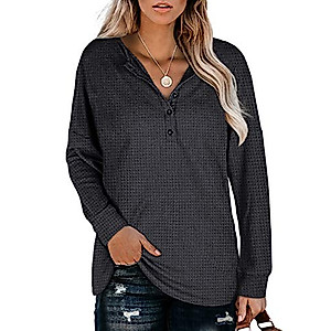 Glanzition Tops for Women Long Sleeve Casual V Neck Plain Loose Fit Sweaters Grey L