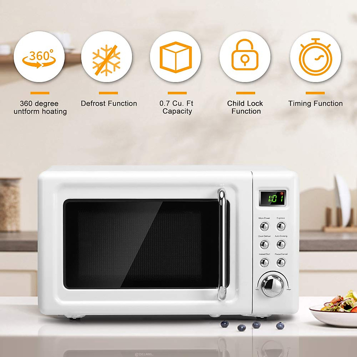 Retro Microwave Oven,Safeplus 0.7Cu.ft, Countertop 700W Microwaves with Cold Rolled Steel Plate 5 Micro Power Defrost & Auto Cooking Function LED Display Glass Turntable and Viewing Window Child Lock